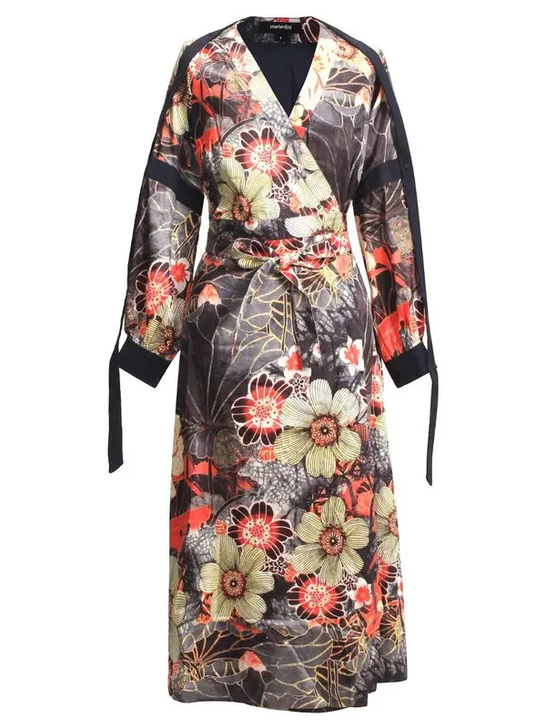 SMART AND JOY Wrap Dress With Flower Print And Satin Bias - Blue