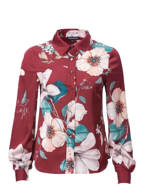 CARLOSLINES Romantic Floral Print Puff Sleeve Button Down Shirt - Red