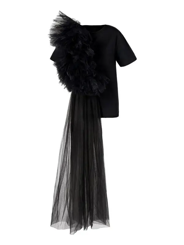 LIA ARAM Ruffle Appliqué Hybrid Tee - Black