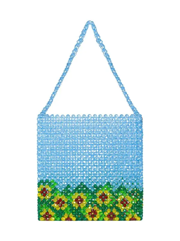 TILLIE BEADS Yellow Teal Sky Sunflower Detail And More Tote Bead Bag - Blue