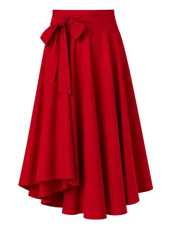 NIKKA PLACE Midi Fla Cotton Skirt With Bow Belt - Red