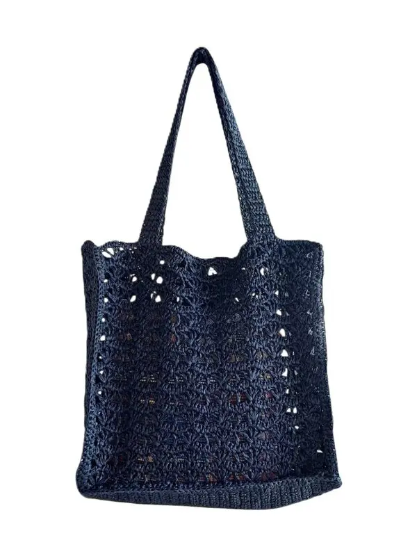 SPRINGMOONATELIER Luxury Midnight Handmade Raffia Tote Bag – Large Crochet Shoulder Bag With Floral Motif - Black