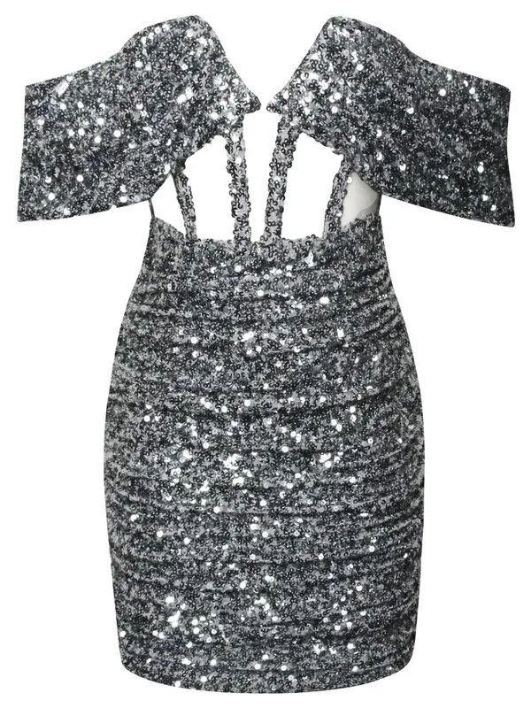 MISS CIRCLE NEW YORK Weston Sequin Off Shoulder Corset Dress - Silver