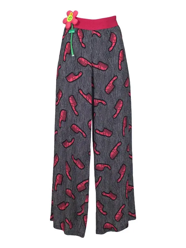 LALIPOP DESIGN Playful "comb" Print Viscose Wide-leg Pants - Black