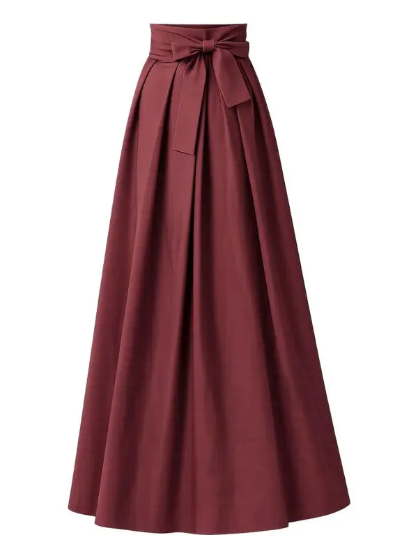 NIKKA PLACE Maxi Pleated Cotton Skirt With Bow And Pockets In Burgundy Color - Red