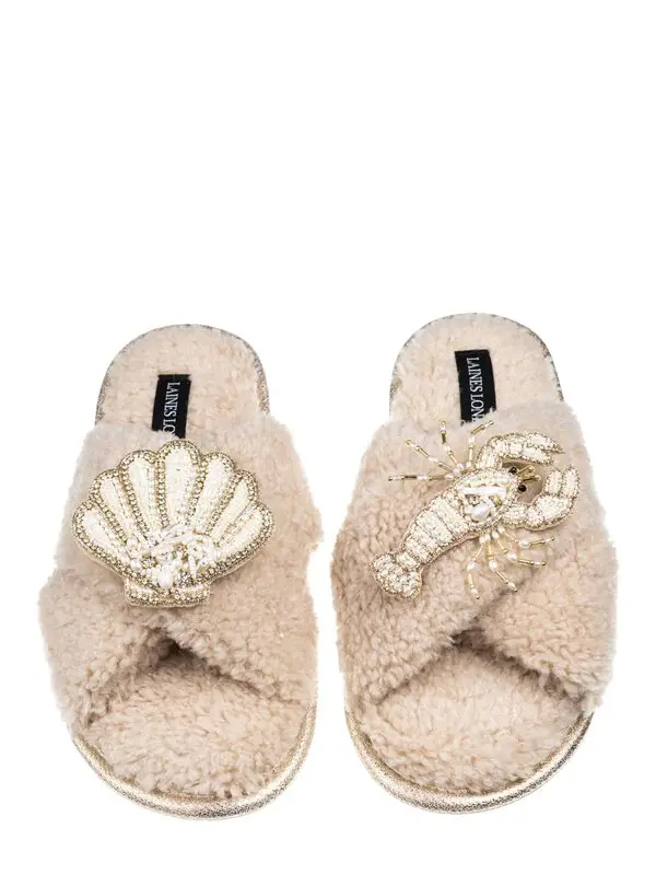 LAINES LONDON Neutrals Laines Neutral Boucle Slippers With Pearl Shell & Lobster Brooches Oatmeal - Brown