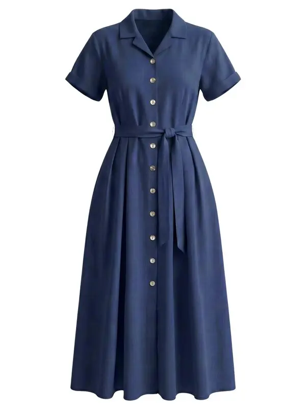 FRANCHETTI BOND Violetta Rich Navy Linen Mix Shirt Dress - Blue