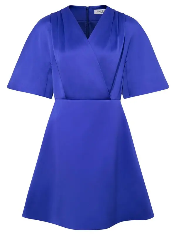 FEMPONIQ Pleated Shoulder Kimono Sleeve Satin Duchess Dress / Royal - Blue