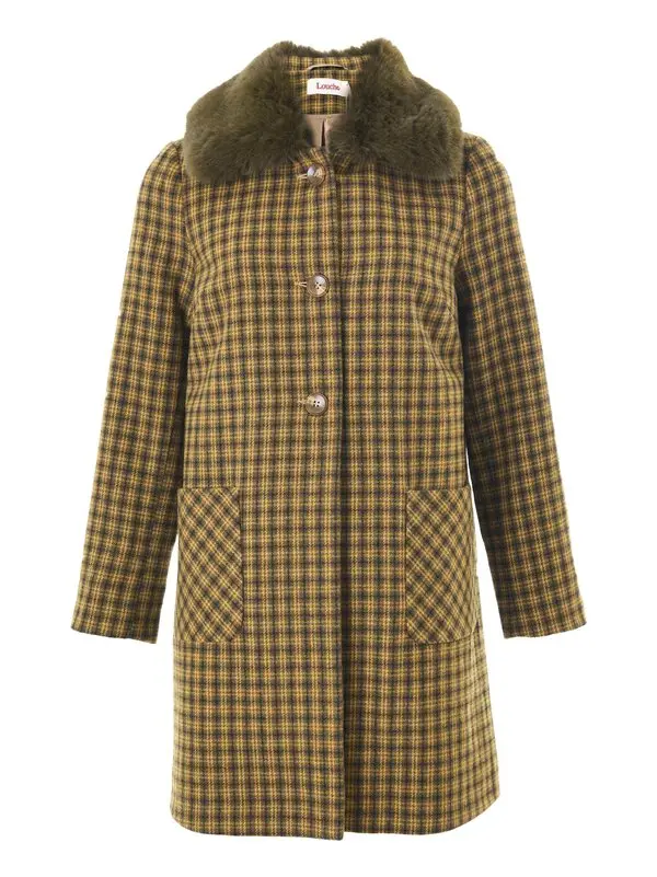 LOUCHE Dryden Wyoming Check Faux Fur Collar Coat Mustard - Yellow