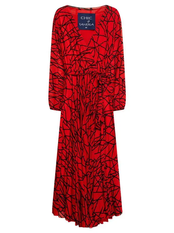 TANTRA SPAIN SL Tulle Dress With Geometric Detail Made Of Velvet, Cross Neckline And Belt At The Waist - Red