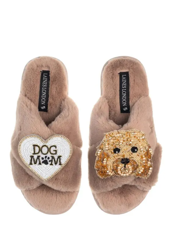 LAINES LONDON Classic Laines Slippers With Enki-doo The Cockapoo & Dog Mum / Mom Brooches Toffee - Brown
