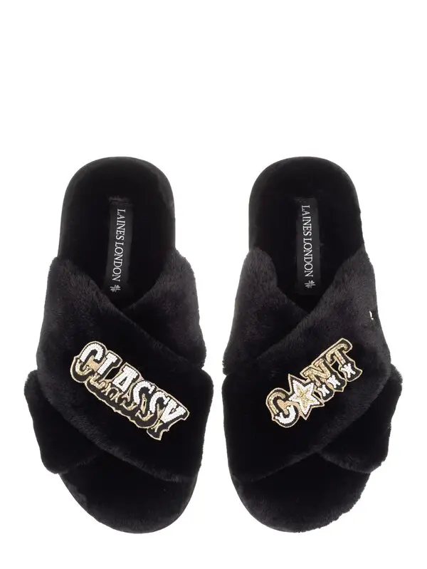 LAINES LONDON Classic Laines Slippers With Classy Cunt Brooches - Black