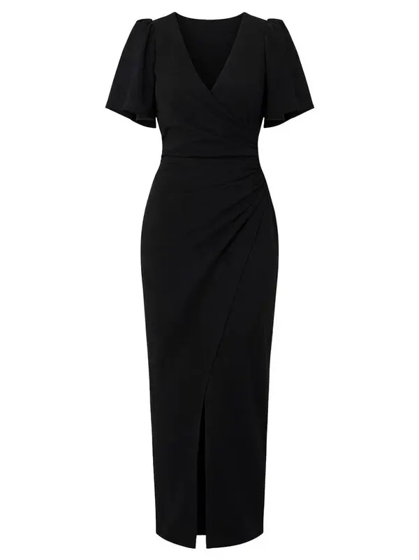 GIRL IN MIND Freya Puff Sleeve Wrap Neck Ruched Midi - Black