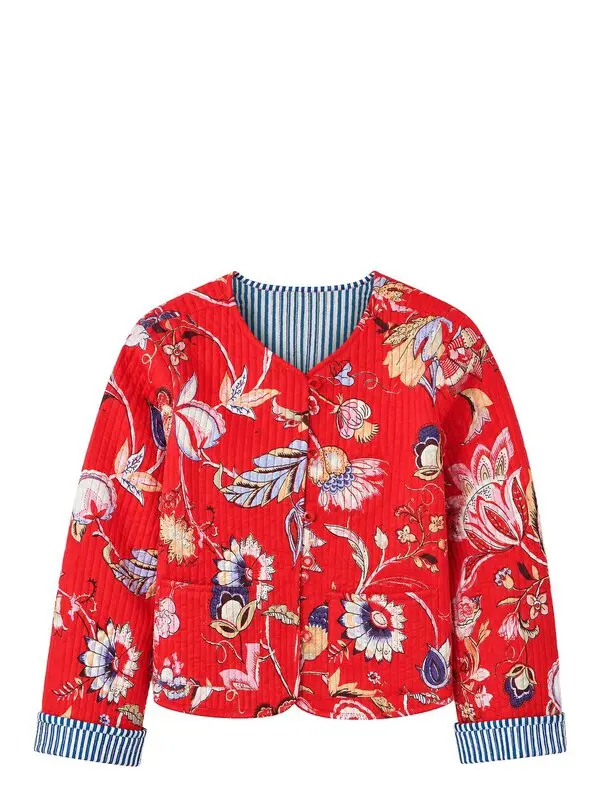 YUMI Boho Print Cotton Reversible Quilted Jacket - Red