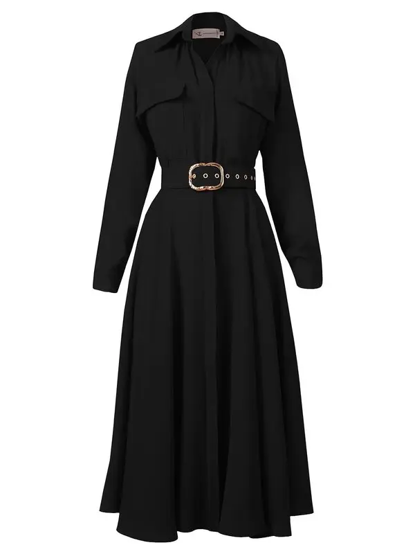 ALINA CERNATESCU Patty Classic Sustainable Viscose Midi Dress With Pockets And Textile Belt - Black