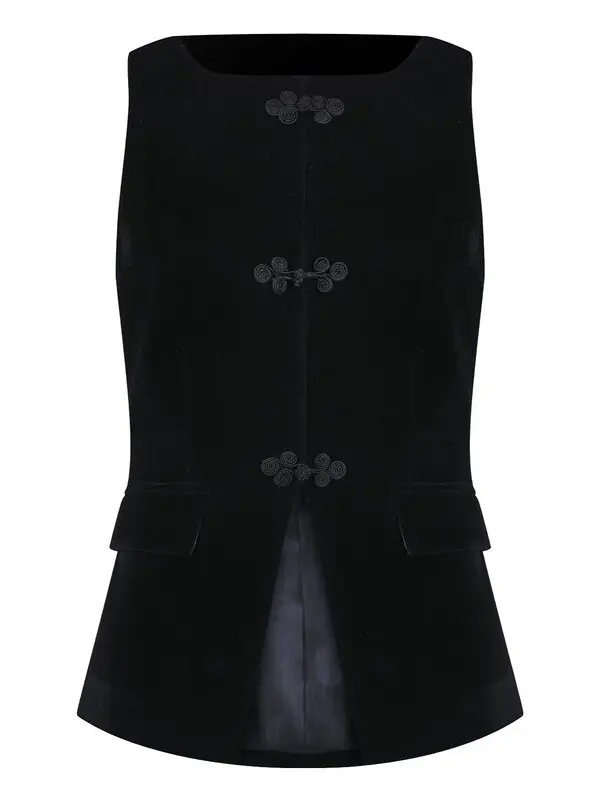 MAVLO Tailored Velvet Vest With Chinese Knot Buttons - Black
