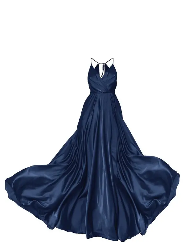 ANGELIKA JOZEFCZYK Navy Satin Long Evening Dress Tied Back - Blue