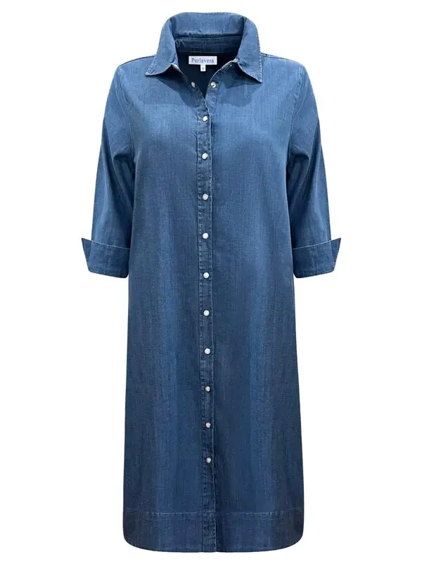 PERLAVERA Grace Mid Washing Denim Three Quarter Sleeve Length Missy Fit Midi Dress - Blue