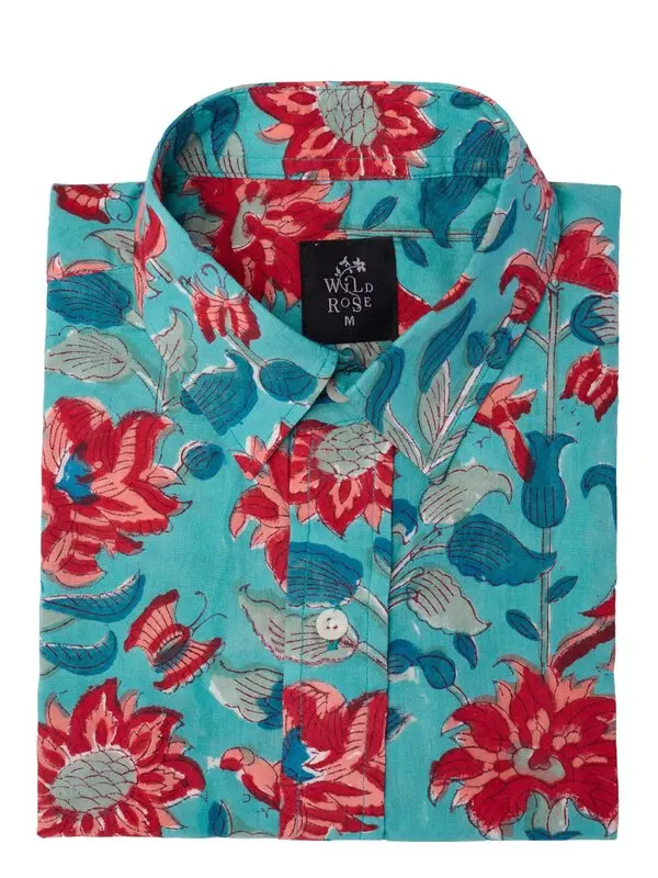 WILD ROSE Blue / Red Molok Hand Block Print Cotton Long Sleeved Floral Shirt - Blue/red