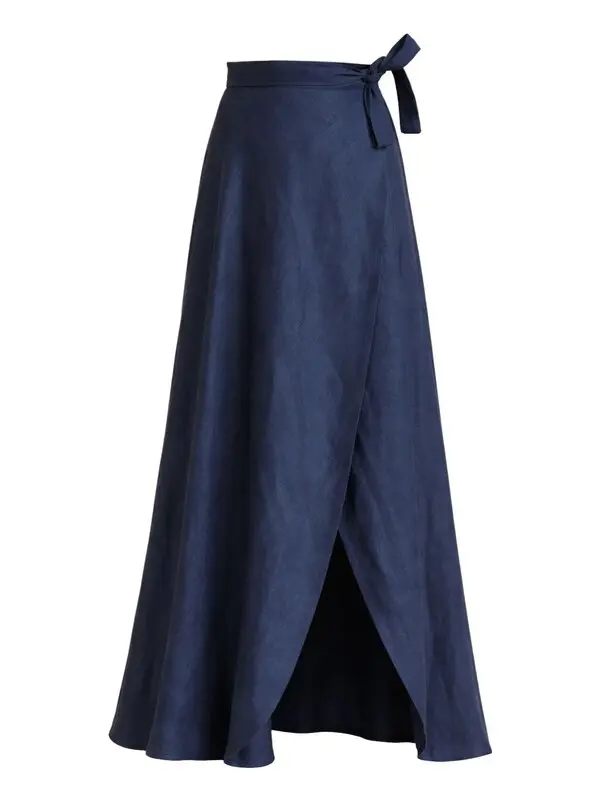 NIKKA PLACE Linen Tulip Skirt With High Waist & Wrap Tie In Dark - Blue