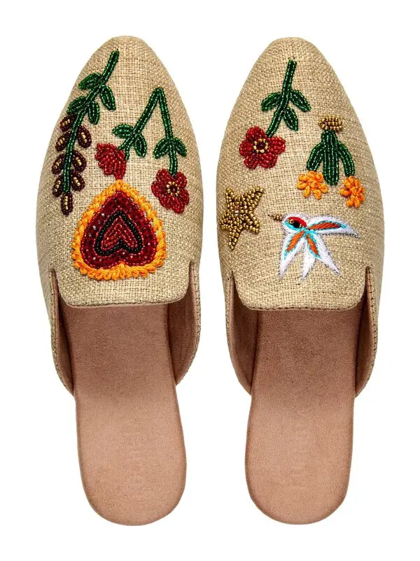 FUCHSIA SHOES Neutrals Jardin Jute Vegan Handmade Artisanal Embroidered Jute Pointed Toe Mules By - Pink