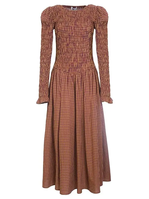 AMY LYNN Cara Smocked Cotton Midiaxi Dress In Multi Gingham Check - Brown