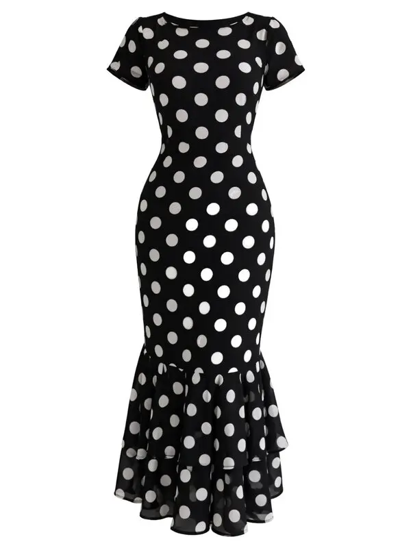 GIRL IN MIND Roxy Boat Neck Frill Midi Spot - Black