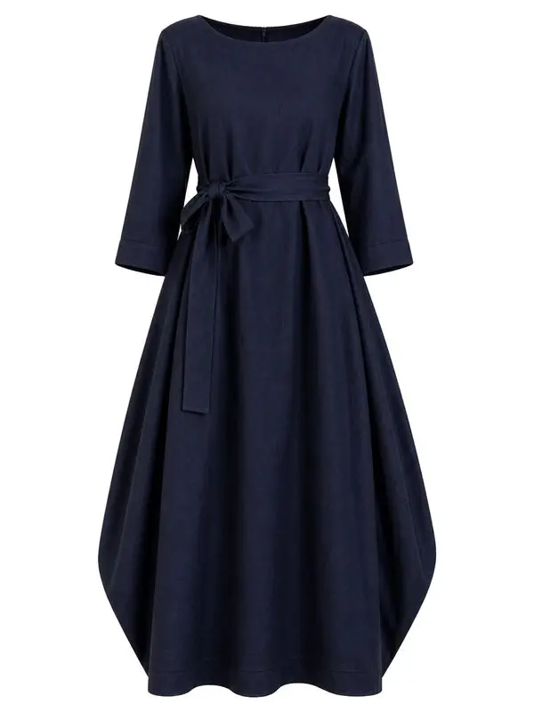 NIKKA PLACE Maxi Linen Kaftan Dress With Tie And Bracelet Sleeves In Dark - Blue