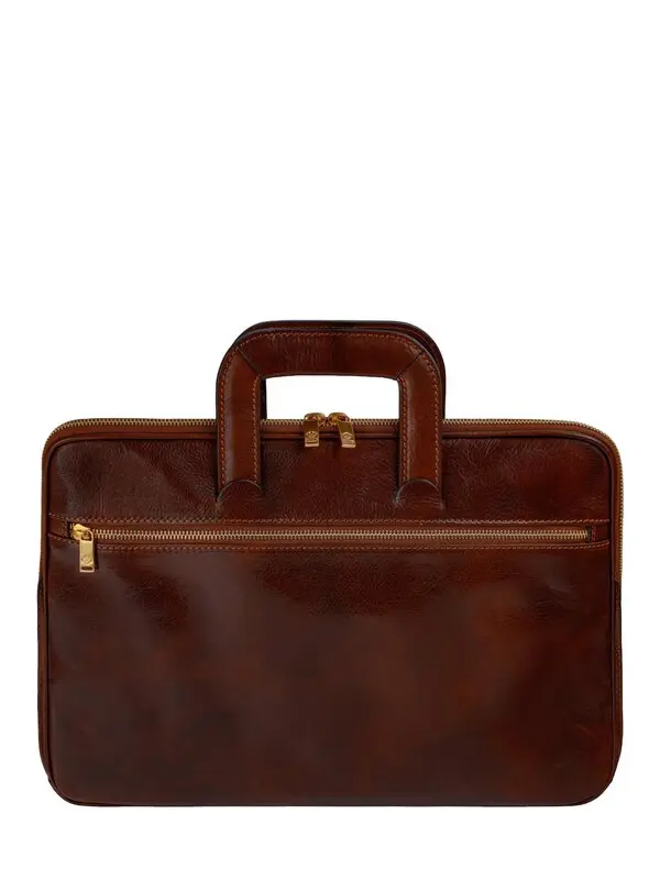 TIME RESISTANCE Leather Briefcase Laptop Bag In Brave New World - Brown
