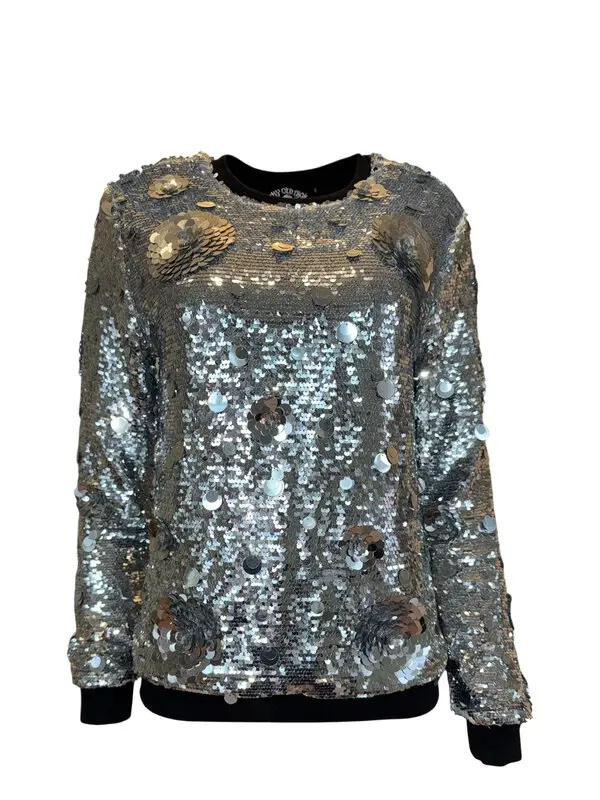 ANY OLD IRON Silver And Black Sequin Sweatshirt With Floral Embellishments - Silver/black