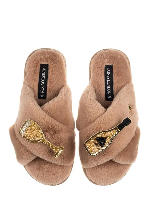 LAINES LONDON Neutrals Classic Laines Slippers With Ace Of Champagne Brooches Toffee - Brown