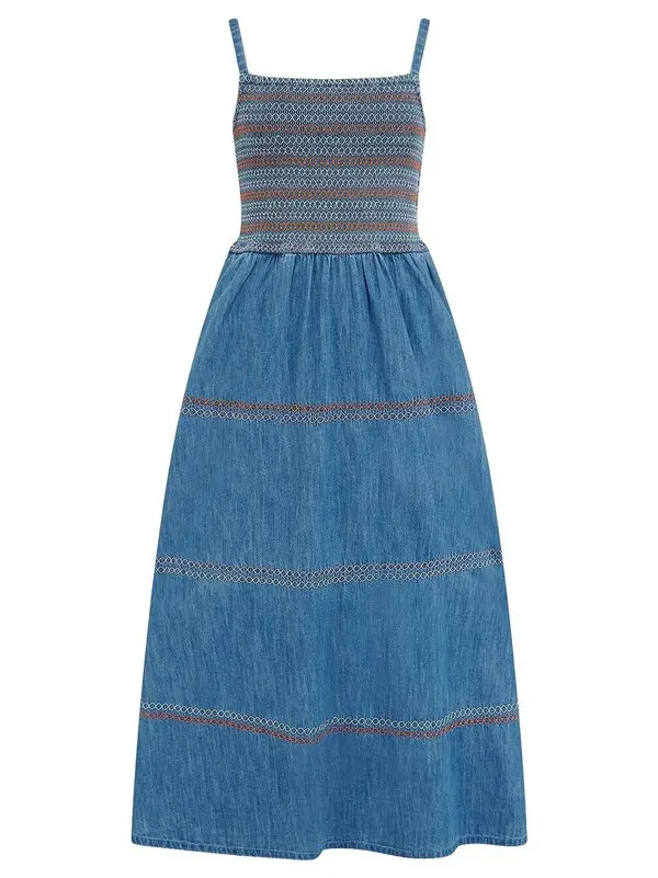 SUGARHILL BRIGHTON Murren Shirred Midi Dress Washed Denim - Blue