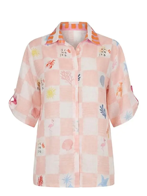 Loveist Store Angel Summer Tiles Statet Print Short Sleeve Shirt - Pink