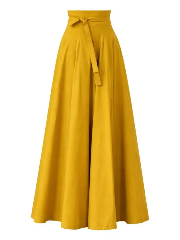 NIKKA PLACE Maxi Flared Cotton Skirt With Tie Belt In Color - Yellow