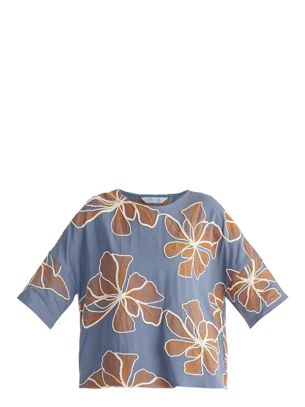 PAISIE Floral Embroidered Relax Fit Top - Blue