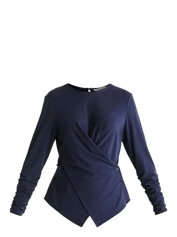 PAISIE Side Button Jersey Wrap Top In Navy - Blue