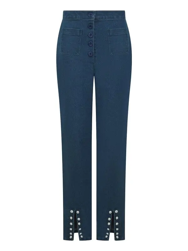 K-WIN LONDON High-waisted Button-front Denim Jeans With Pearl Embellished Slits - Blue