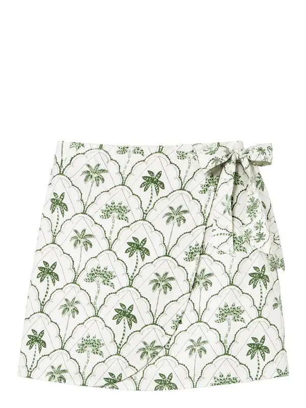 YUMI Palm Print Cotton Wrap Skirt - White