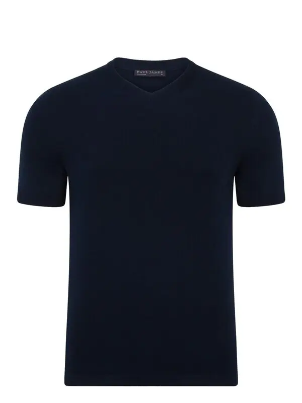 PAUL JAMES KNITWEAR Ultra Fine Cotton Hudsonn High V Neck Knitted T-shirt Navy - Blue