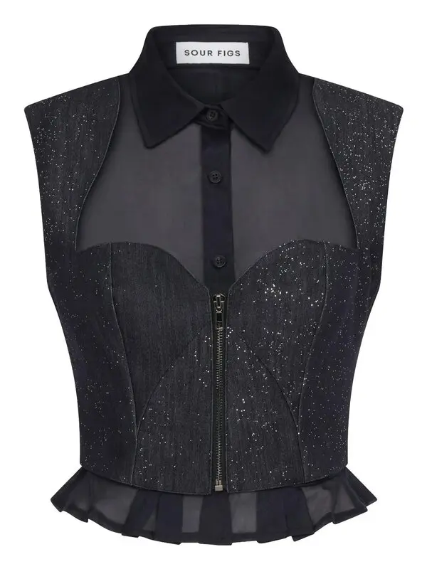 SOUR FIGS Composite Sparkly Denim Bustier Blouse In Profound - Blue