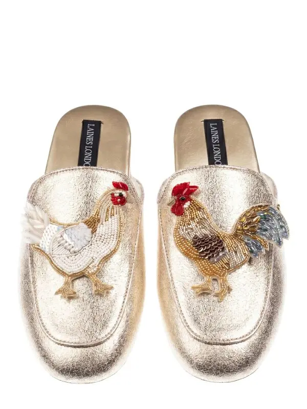 LAINES LONDON Classic Mules With Chicken & Rooster Brooches - Gold
