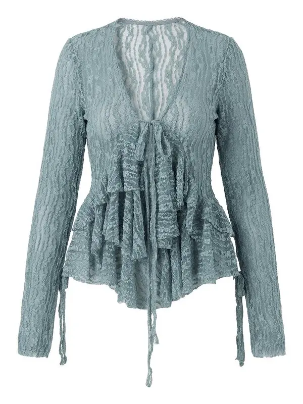 BELSIZE25 Flared Sleeve Knitted Lace Cardigan - Green
