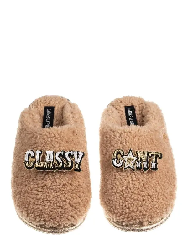LAINES LONDON Neutrals Teddy Closed Toe Slippers With Classy Cunt Brooches Toffee - Brown