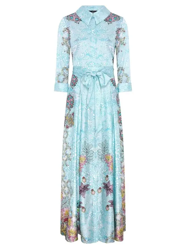 JESSICA RUSSELL FLINT Belted Maxi Shirt Dress / Floral Medley - Blue