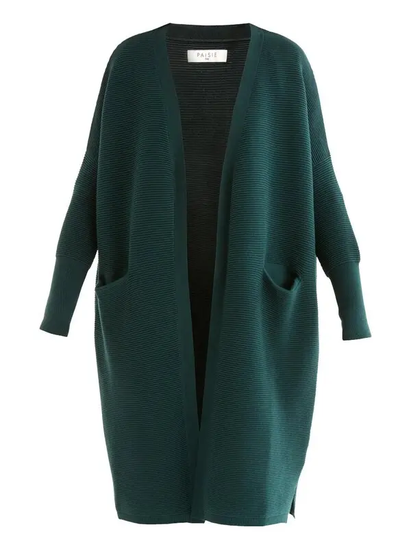 PAISIE Longline Ribbed Cardigan In Dark - Green
