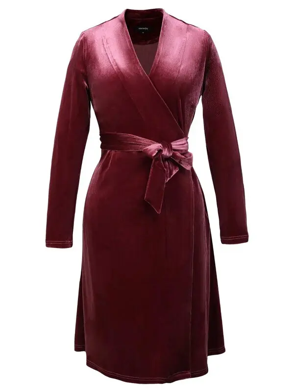 SMART AND JOY V Neckline Wrap Velvet Dress Burgundy - Red