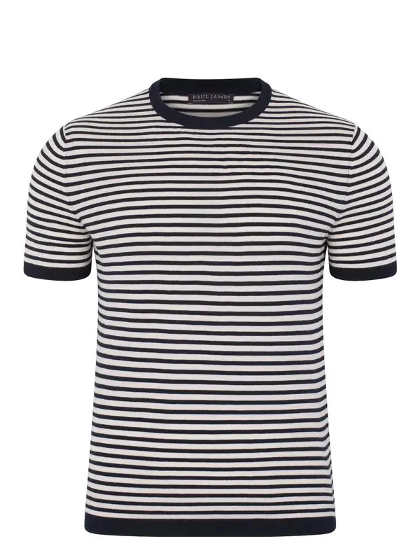 PAUL JAMES KNITWEAR Ultra Fine Cotton Antonio Knitted Narrow Breton Stripe T-shirt - Blue