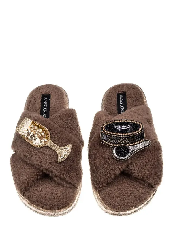 LAINES LONDON Neutrals Laines Neutral Boucle Slippers With Caviar & Glass Of Champers Brooches Mink - Brown