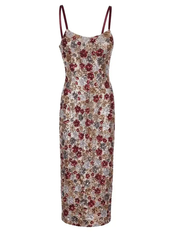 BELSIZE25 Mayfair Series – Garden Dress Velvet-strap Sequinned Midi Dress - Brown/gray/red