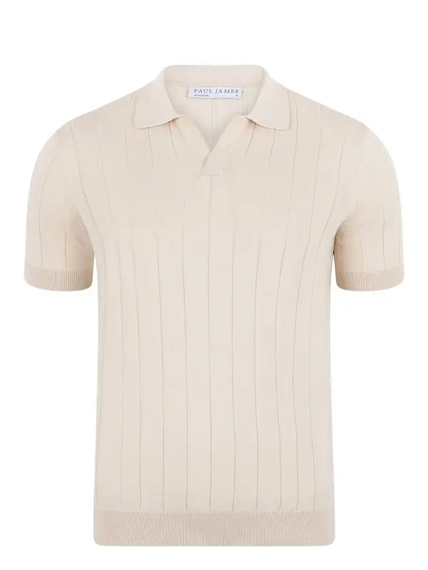 PAUL JAMES KNITWEAR Neutrals Ultra Fine Cotton Rileey Selection Knit Buttonless Polo Shirt Ecru - Beige